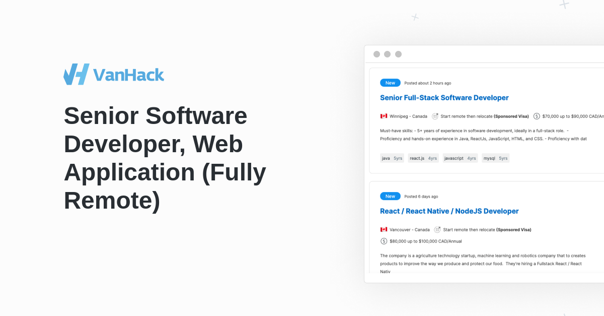 Senior Software Developer, Web Application (Fully Remote) - VanHack